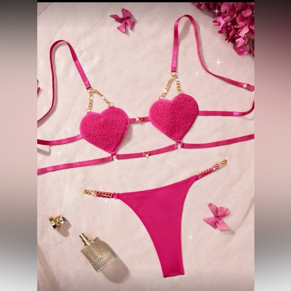 Intimates & Sleepwear | Hot Pink Fuzzy Heart Lingerie Set With Gold ...